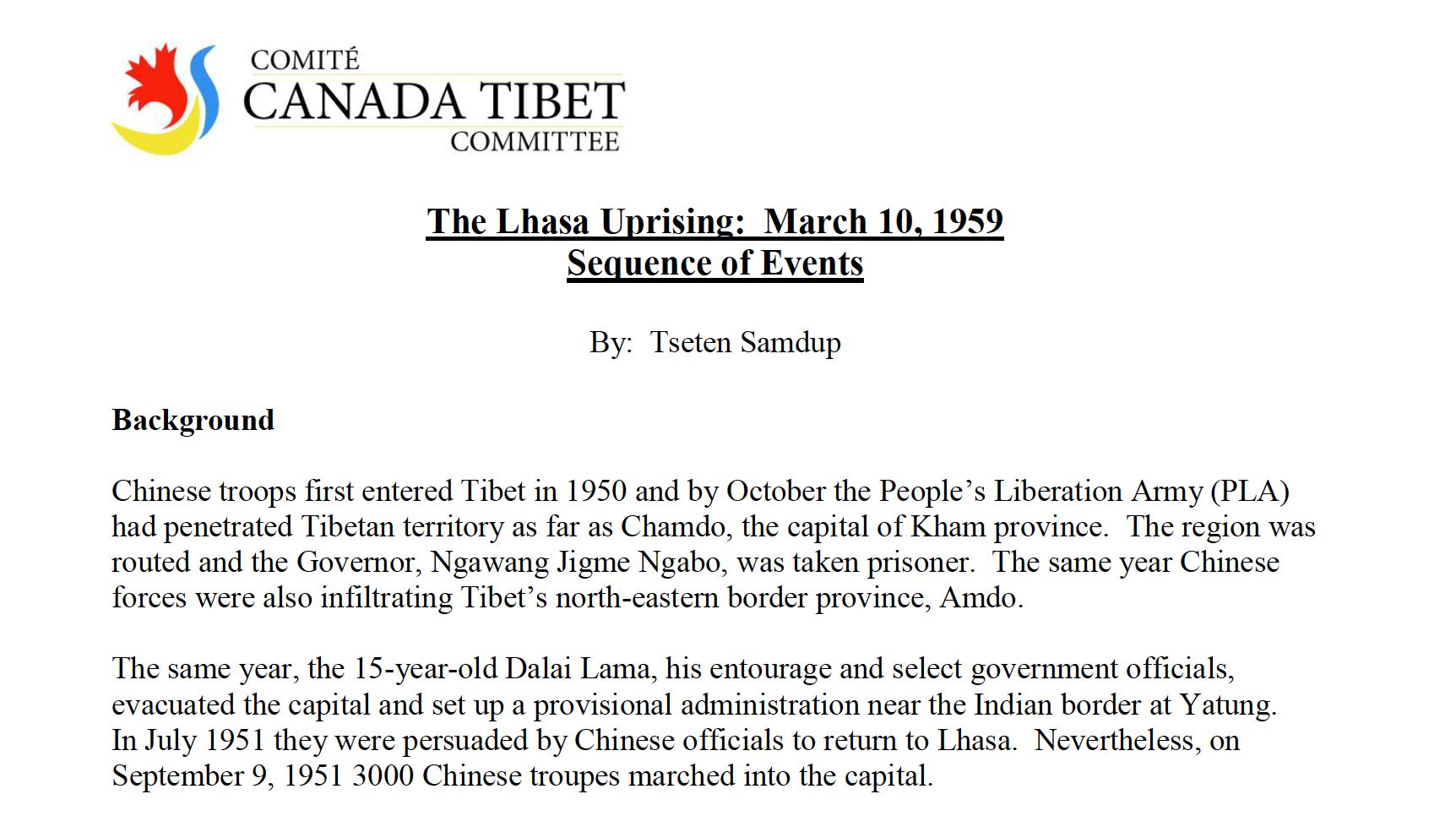 The Lhasa Uprising: March 10, 1959 - Sequence of Events - Canada Tibet